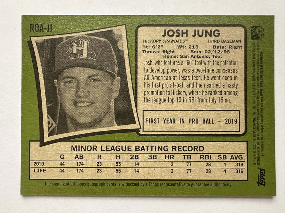 2020 Topps Heritage Minors Josh Jung #ROA-JJ Real One Autograph Auto | eBay