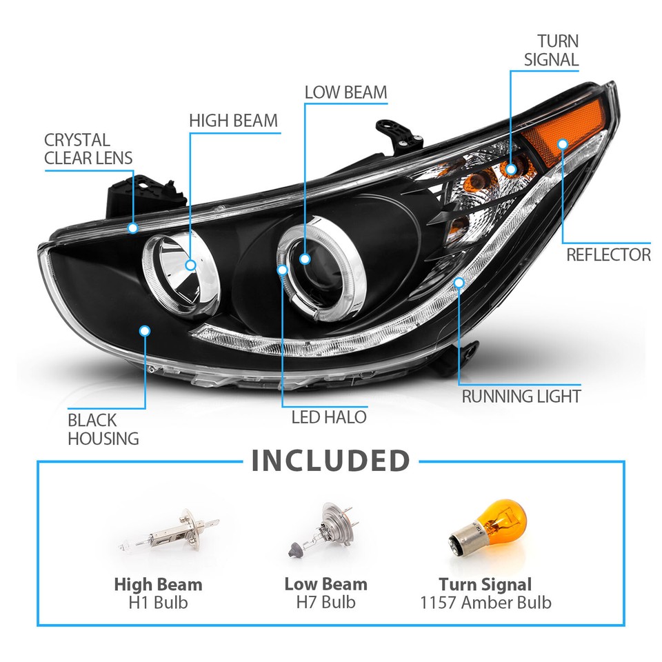2012-2014 Hyundai Accent Sedan/Hatchback LED Halo Projector Headlight ...