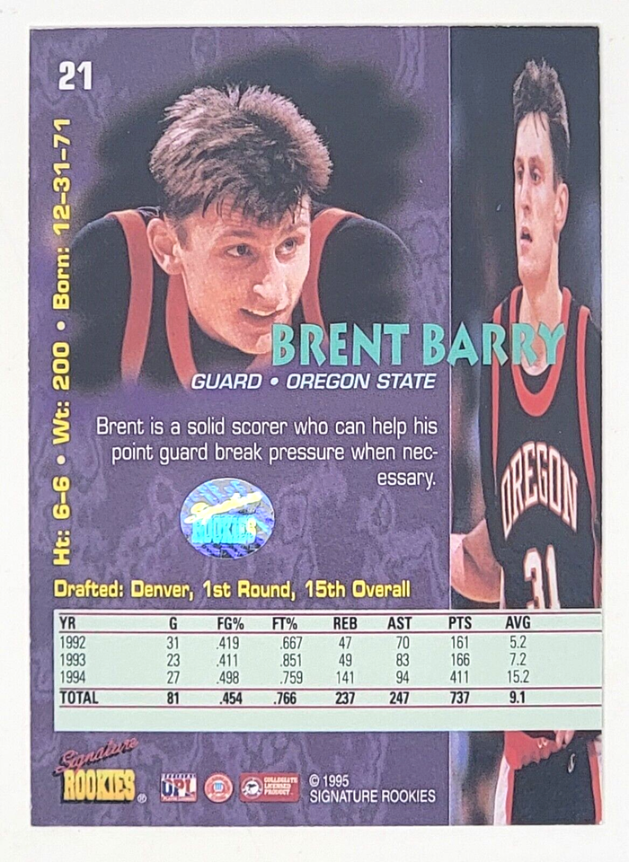1996 Signature Rookies Brent Barry Oregon St autograph auto #200/5,000 ...
