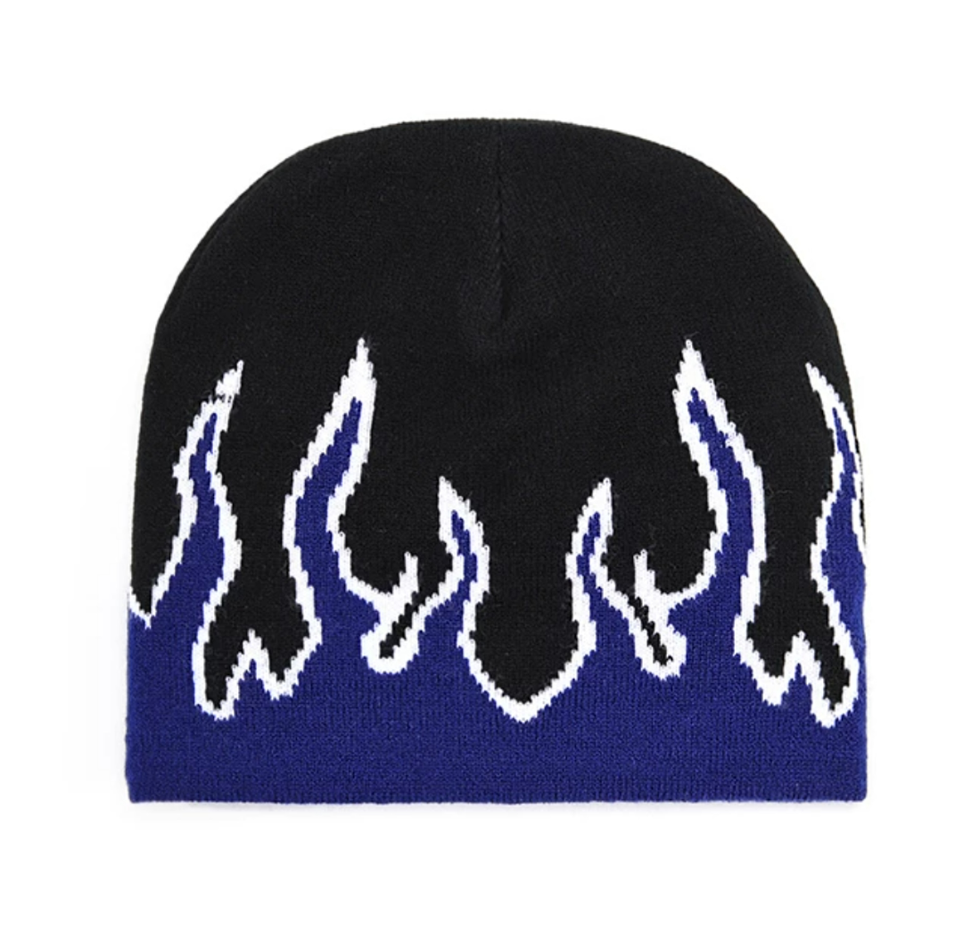 Fire Flame Print Beanie Skate Hat Design Pattern Casual Blue Black ...