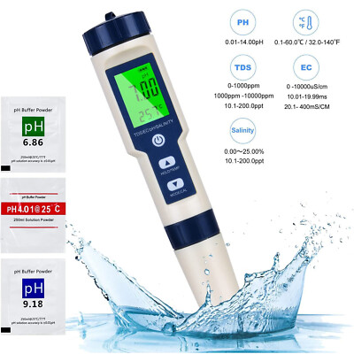 Water Tester Salinity/TDS/EC/PH/Temp Water Quality Testing Detector ...