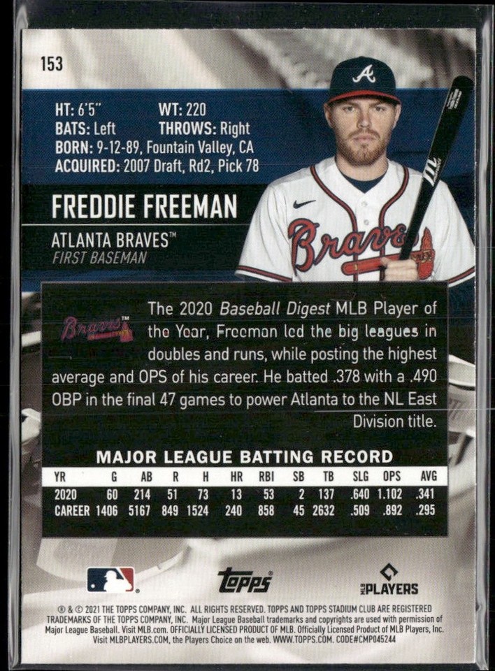 Freddie Freeman 2021 Stadium Club #153 Atlanta Braves | eBay