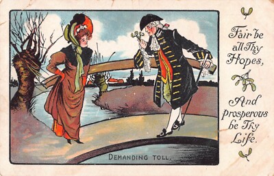 Colonial Lady Meets Man on Bridge with Mistletoe Demanding Toll-Vintage ...