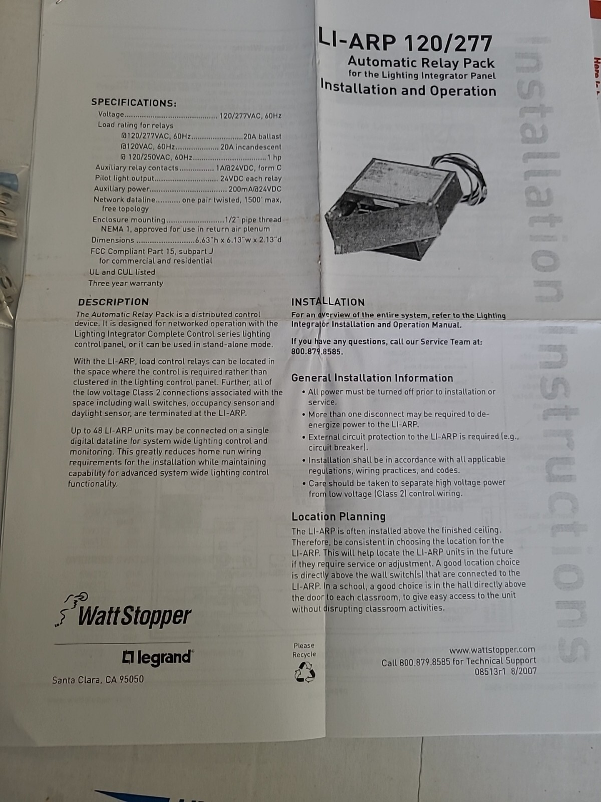 WATT STOPPER AUTOMATIC RELAY PACK FOR LIGHTING INTEGRATOR PANEL LI-ARP ...