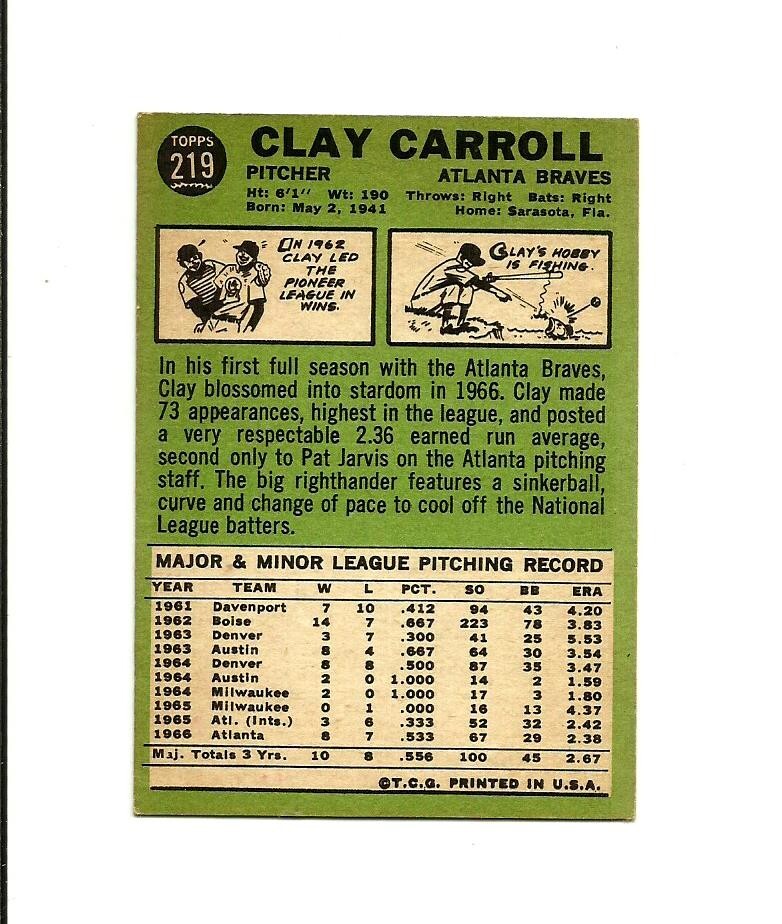 1967 TOPPS #219 Clay Carroll: Atlanta Braves: Pitcher: Baseball Crad ...