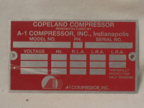 Copeland Compressor A-1 data information metal tag emblem id badge | eBay