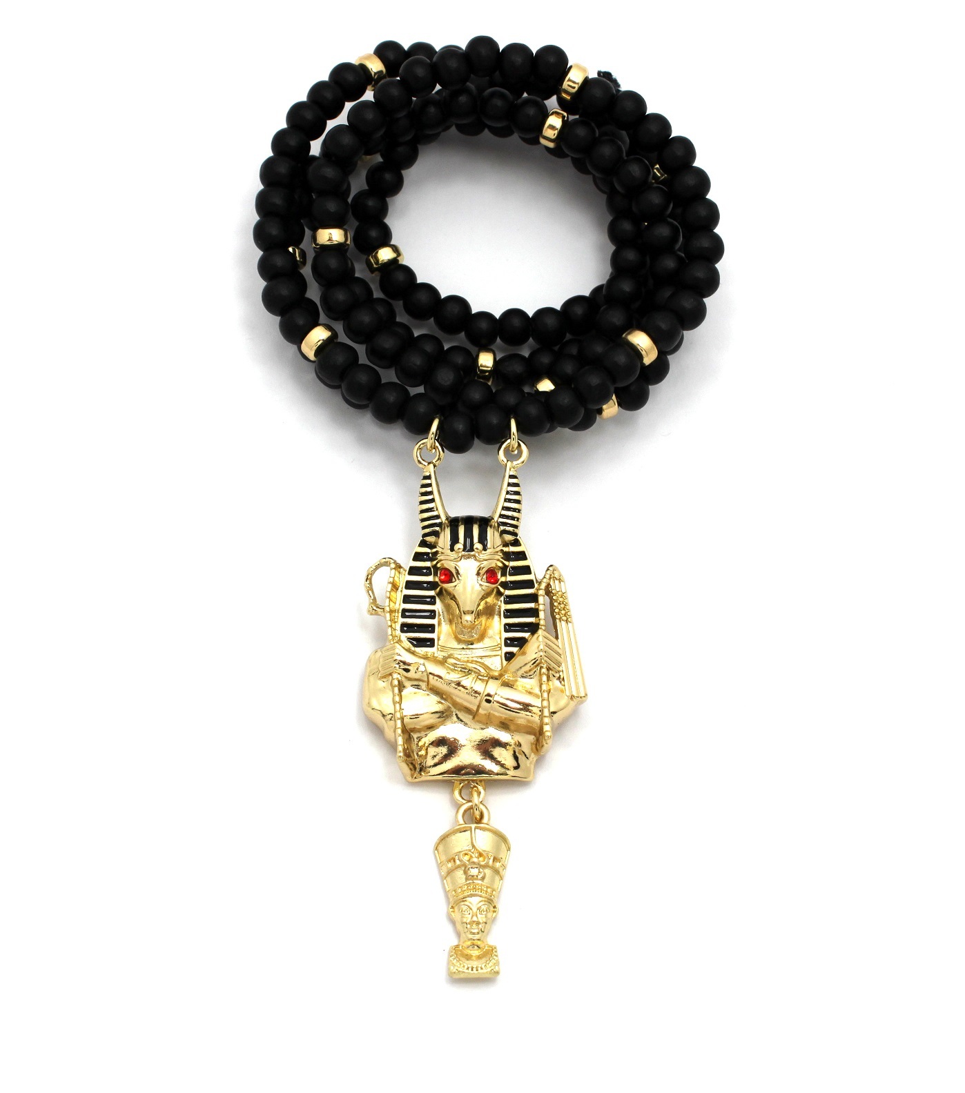 NEW ANUBIS, ANKH, KING TUT, NEFERTITI PENDANT & 30" WOODEN BEAD CHAIN ...