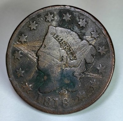 1818 USA Coronet Large Head Liberty One Cent Copper Coin Penny 1c ...