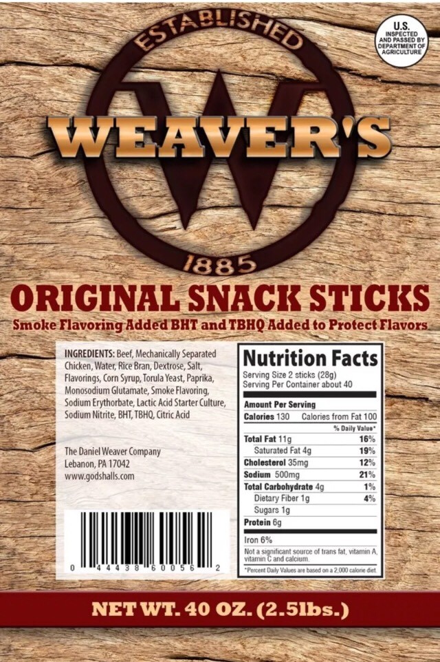 Weaver's Original Snack Sticks (80 mild flavored 6.5" beef and chicken ...