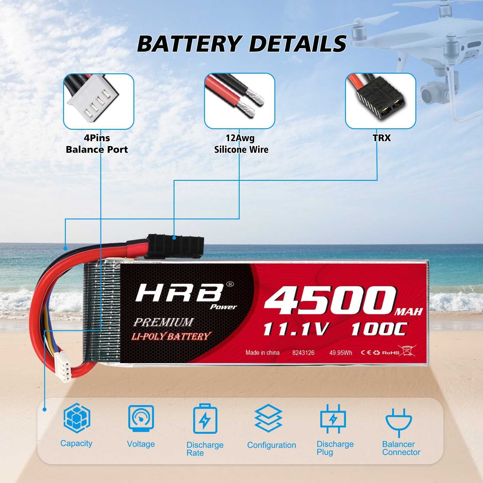 2X HRB 11.1V 3S 4500mAh Lipo Battery 100C TRX for RC Drone Helicopter ...
