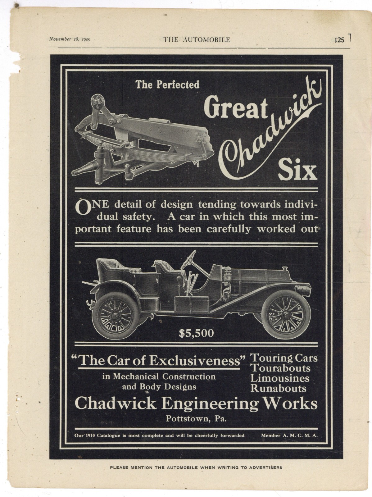 1909 Chadwick Engineering Works Ad: The Great Chadwick Six - Pottstown ...
