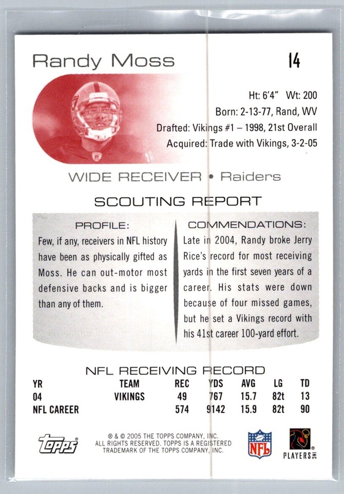 2005 Topps Draft Picks & Prospects #14 Randy Moss | eBay