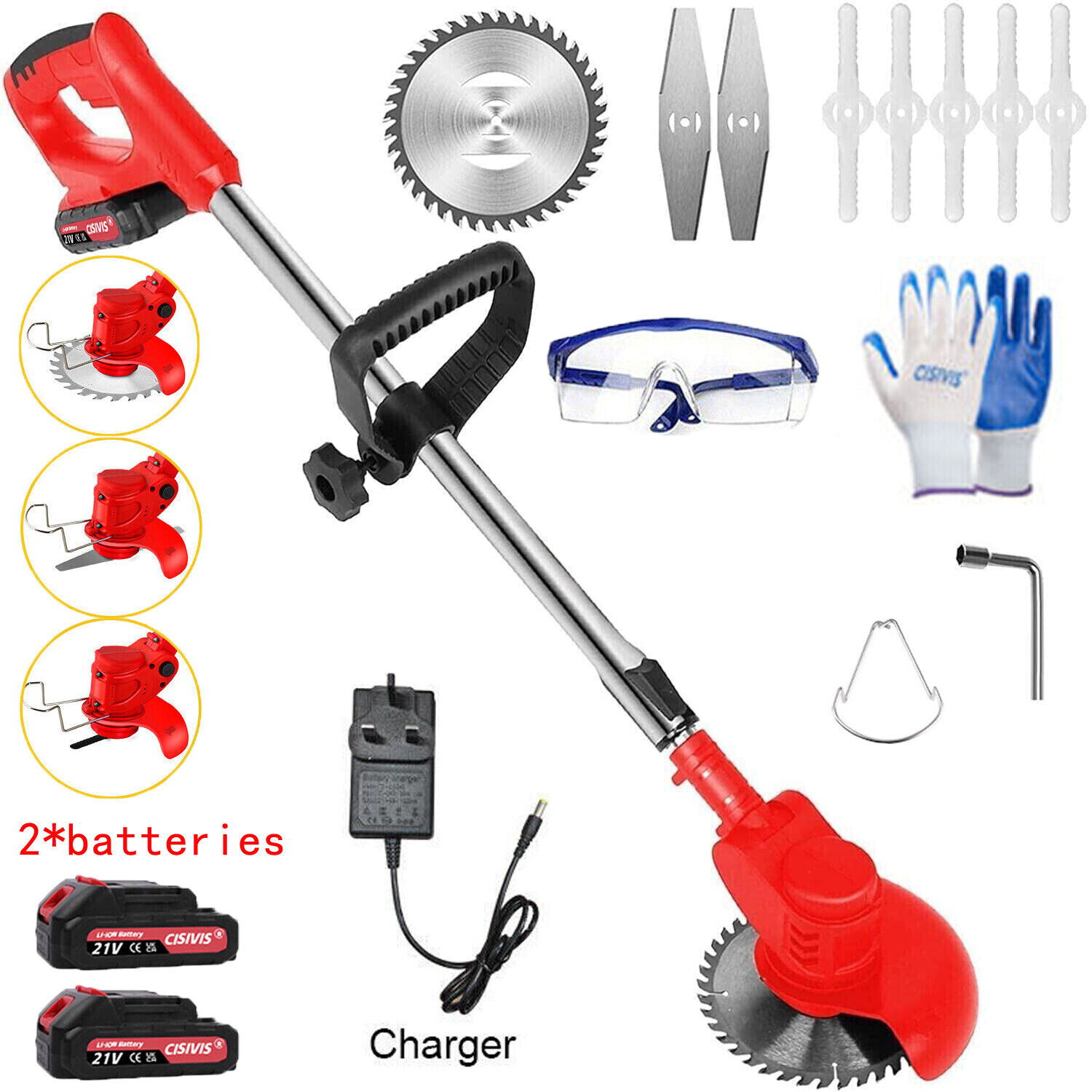 21V Electric Cordless Grass Trimmer Strimmer Garden Edger Cutter with 2 ...