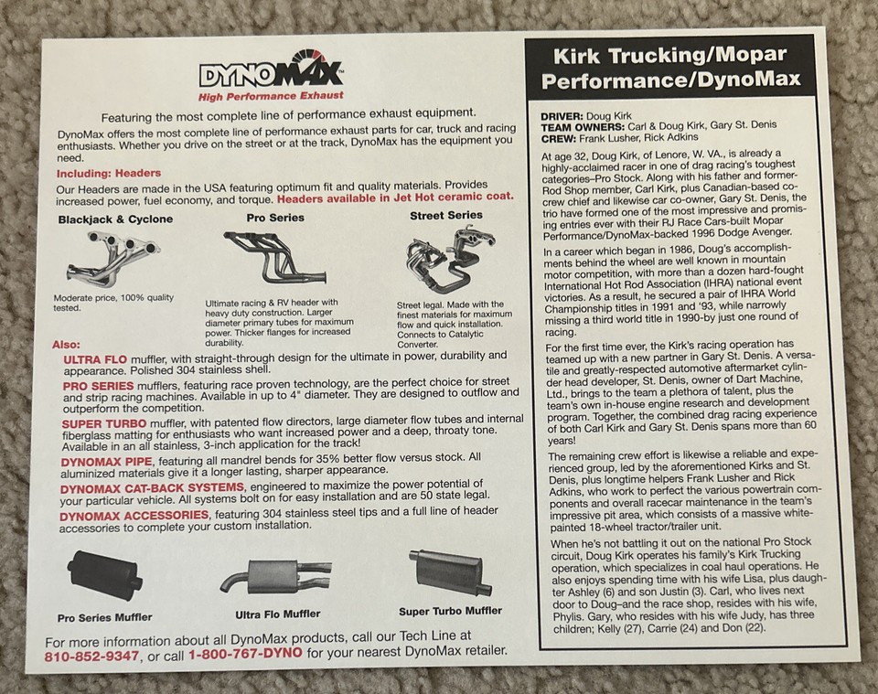 Vintage Doug Kirk Racing IHRA Mopar Dynomax 8 x 10" Promo Info Card | eBay