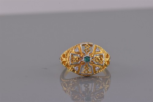 Two Tone Sterling Silver Green Emerald Openwork Cross Band Ring 925 Sz ...