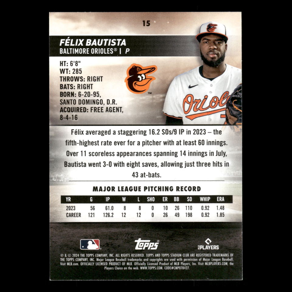 Felix Bautista #15 2024 Stadium Club Baltimore Orioles Baseball Card ...
