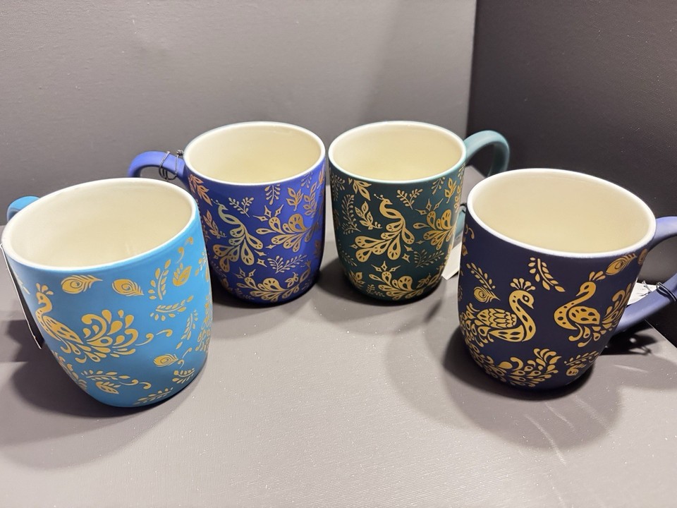 Dwell Studio Soft Touch Mug Set Of Four Gold Peacock - Teal, Purple ...