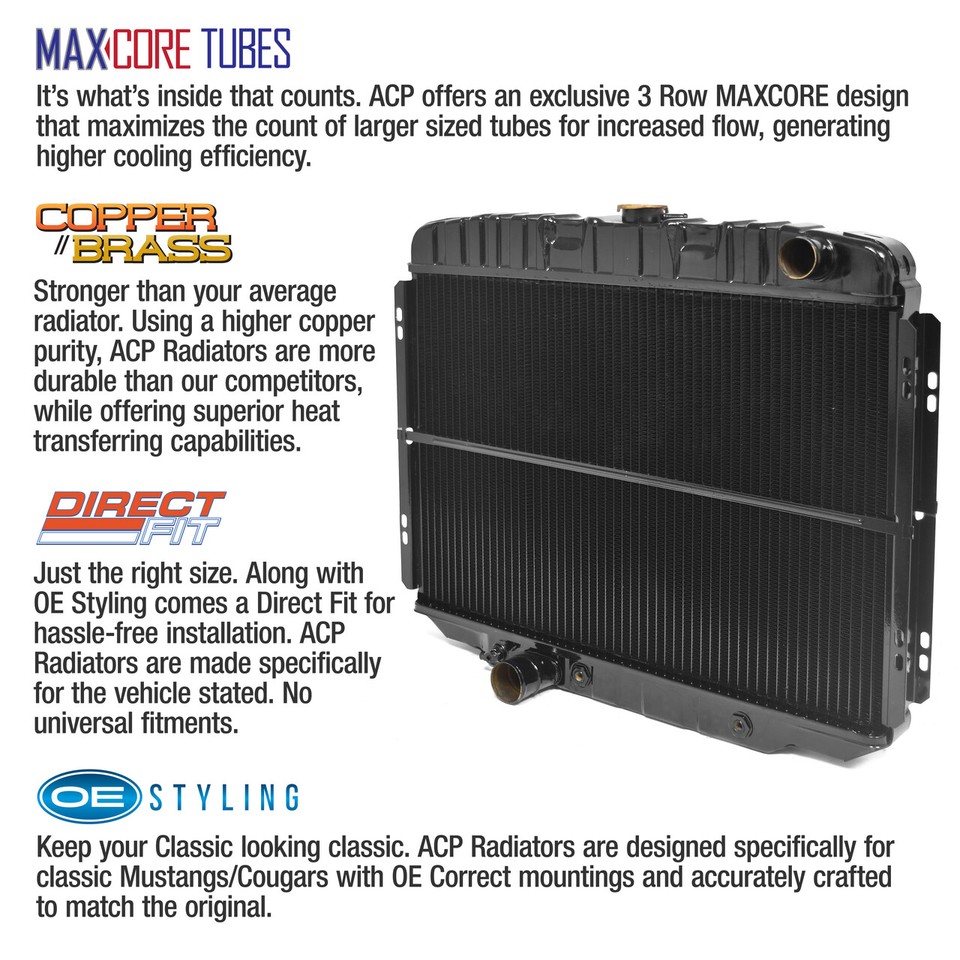 Mustang Radiator 3 Core 68-70 Big Block / 70 302/351W w A/C / 70 351C ...