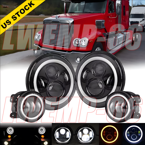 for Freightliner Coronado 7inch Round LED Headlights + 4inch LED Fog ...