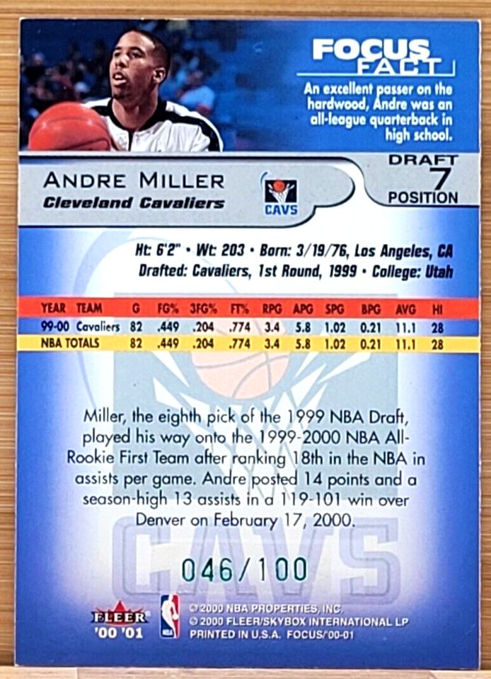 2000-01 FLEER FOCUS ANDRE MILLER DRAFT POSITION #D/100 ULTRA RARE CAVS ...