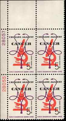 US Scott # 1263, Crusade Against Cancer, Plate Block of (4) 1965 5 ...