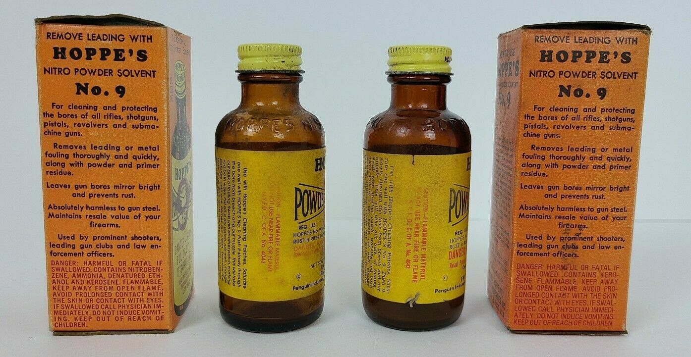 (2) Vintage Hoppe's Nitro Powder Solvent No.9 Gun Cleaner Bottles w ...