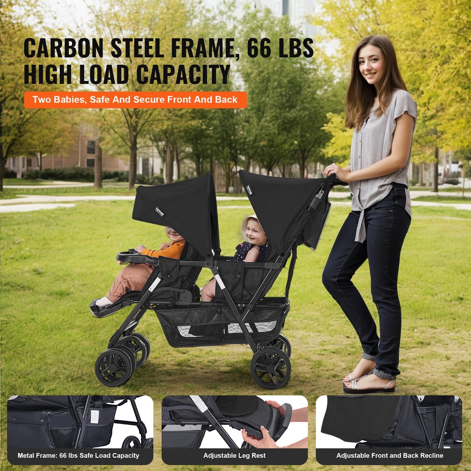 Double Stroller Foldable Baby Travel Stroller 2 Seat for 2 Kids w ...