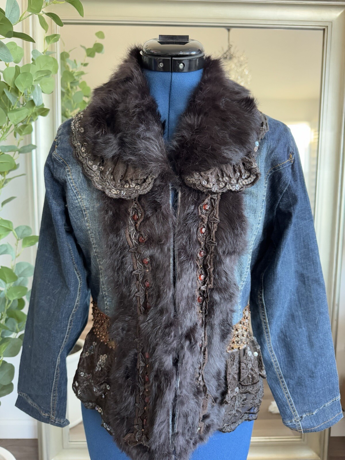 vintage 90s Y2K denim jean beaded embellished fur jacket Women’s | eBay