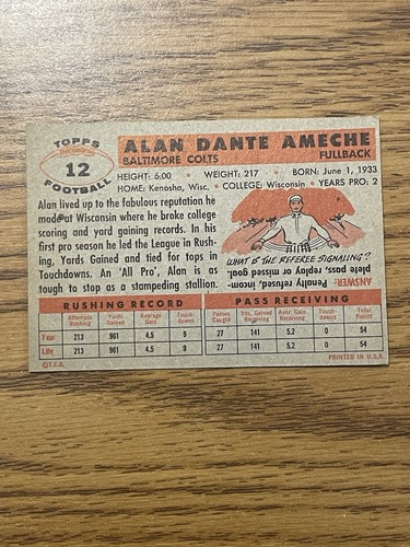 1956 TOPPS FOOTBALL VINTAGE #12 ALAN AMECHE COLTS SWEET CARD ...