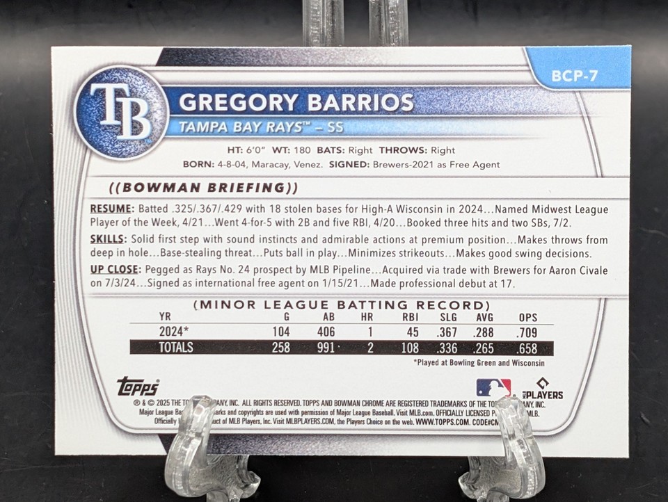 2025 Bowman Chrome Gregory Barrios #BCP-7 1st Bowman Reptilian ...