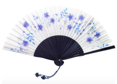 KOREAN TRADITIONAL EMBROIDERY SILK FAN BAMBOO HAND FAN NAVY FLOWER ...