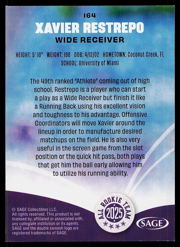 Xavier Restrepo 2025 SAGE HIT #164 Miami Hurricanes | eBay