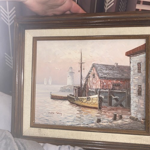 Max Savy Original Signed Oil On Board Harbor Scene Framed Lighthouse ...