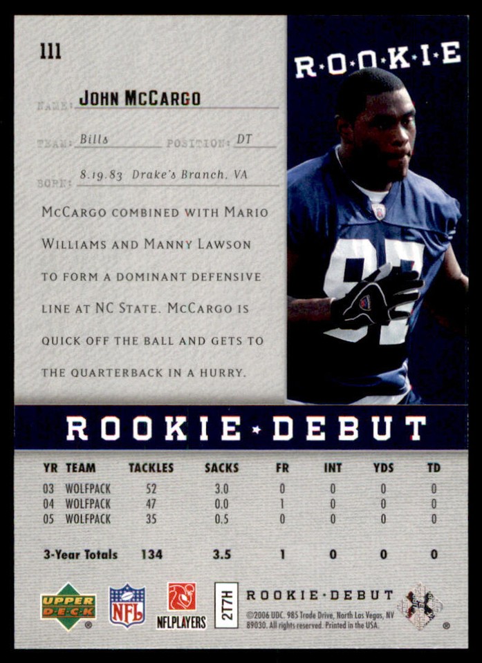 2006 Upper Deck Rookie Debut #111 John McCargo RC Rookie Buffalo Bills ...