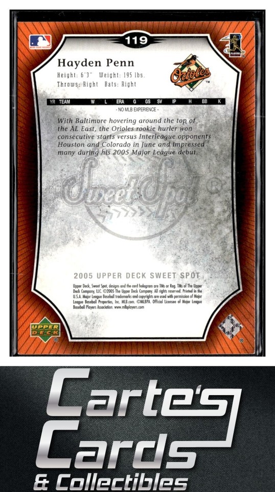 Hayden Penn 2005 Upper Deck Sweet Spot #119 Orioles TTM/IP Signed ...