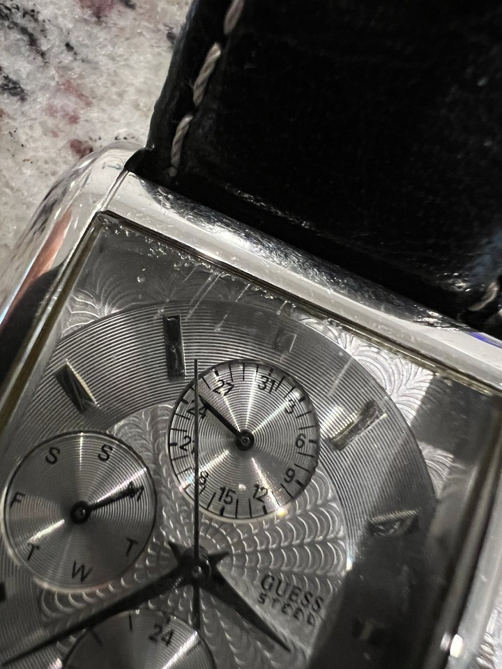 GUESS Tank Men’s 42mm Quartz Watch Day Date Steel Case Silver Dial ...