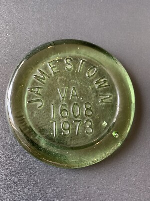 Vintage Jamestown VA Green Glass Souvenir Coaster Paperweight Boat ...
