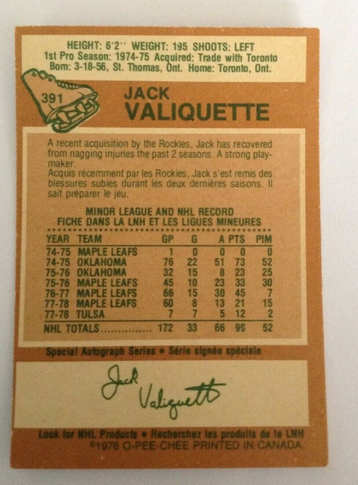 JACK VALIQUETTE NHL HOCKEY CARD O-PEE-CHEE COLORADO ROCKIES 1978 | eBay