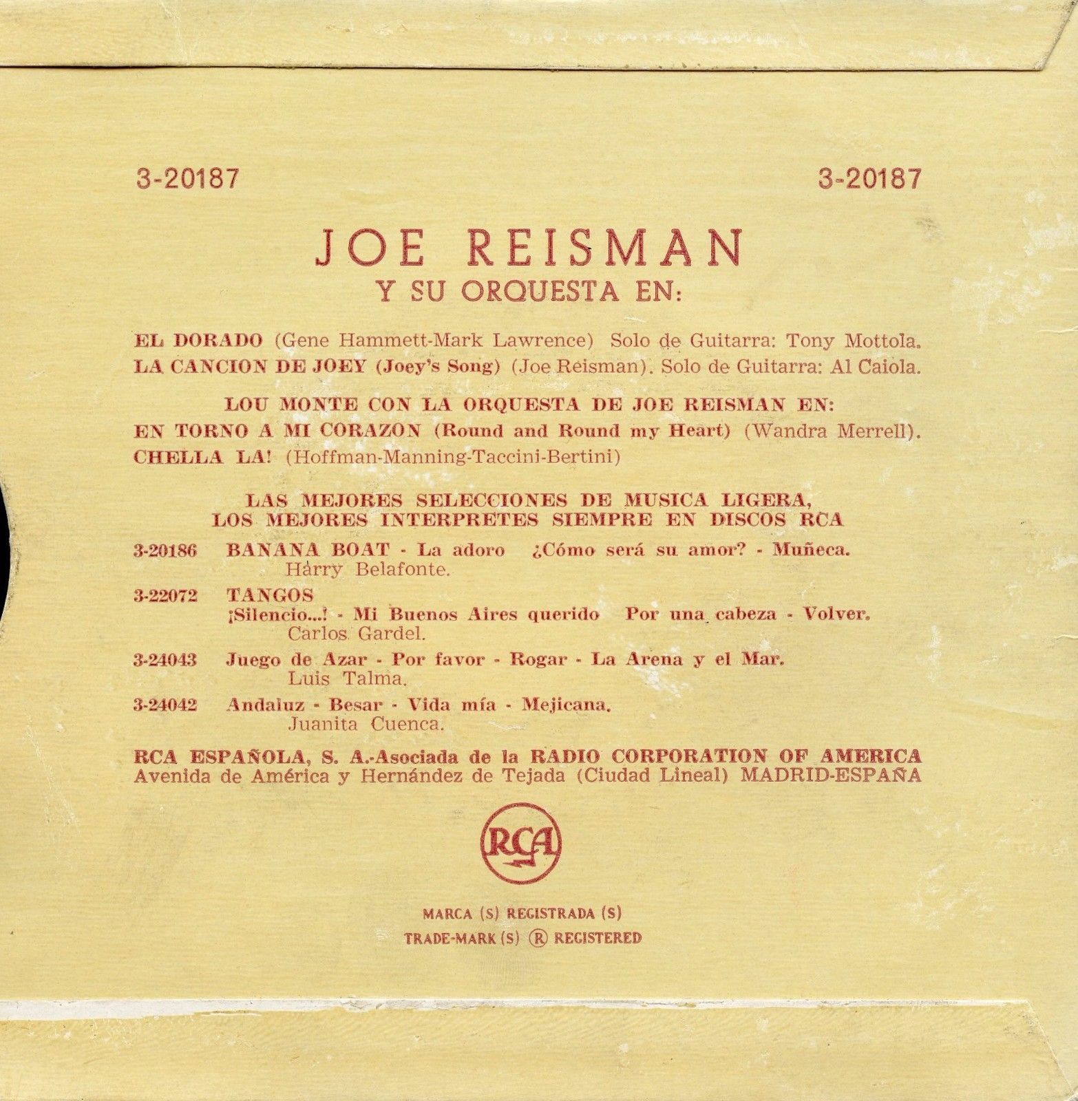 LOU MONTE / JOE REISMAN / TONY MOTTOLA / RCA 3-20187 PresS Spain 1957 ...