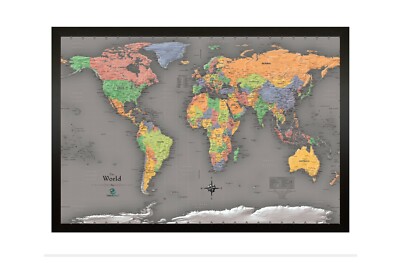World Map Framed W33"xH22" Black Patented Magnetic Back w/30 Pins Free ...