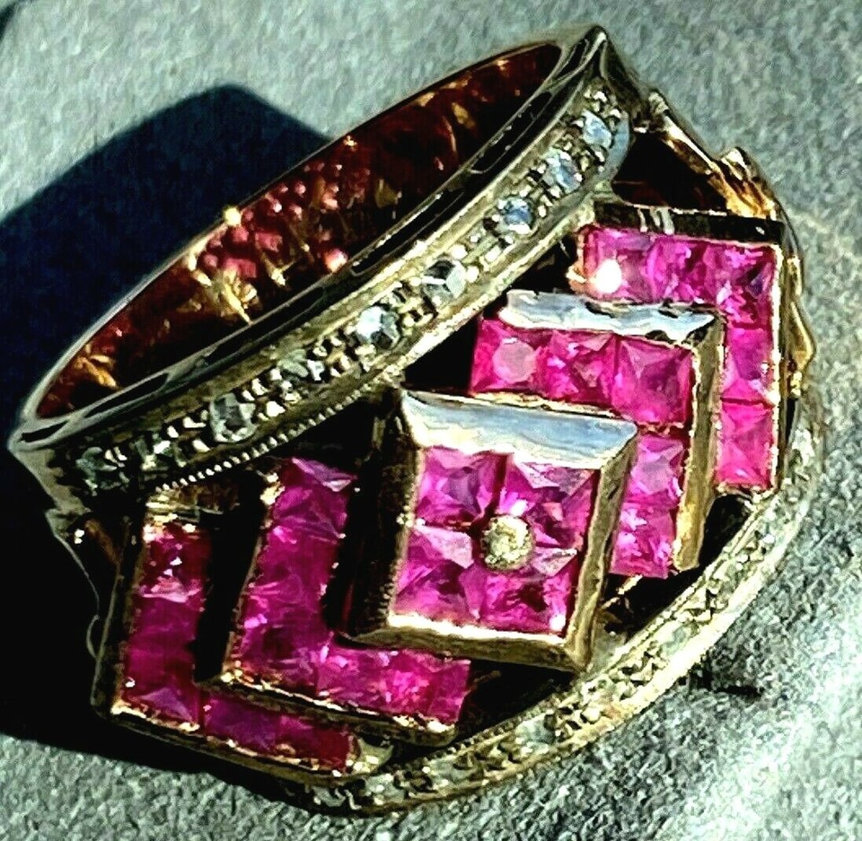 Vintage Ruby Diamond Band Ring Estate Fine Jewelry Pre-Owned Chevron X ...