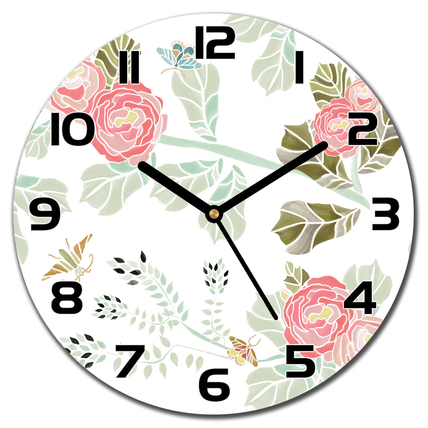 Glass Wall Clock Pastel Flowers with butterflies Floral Watercolour ...
