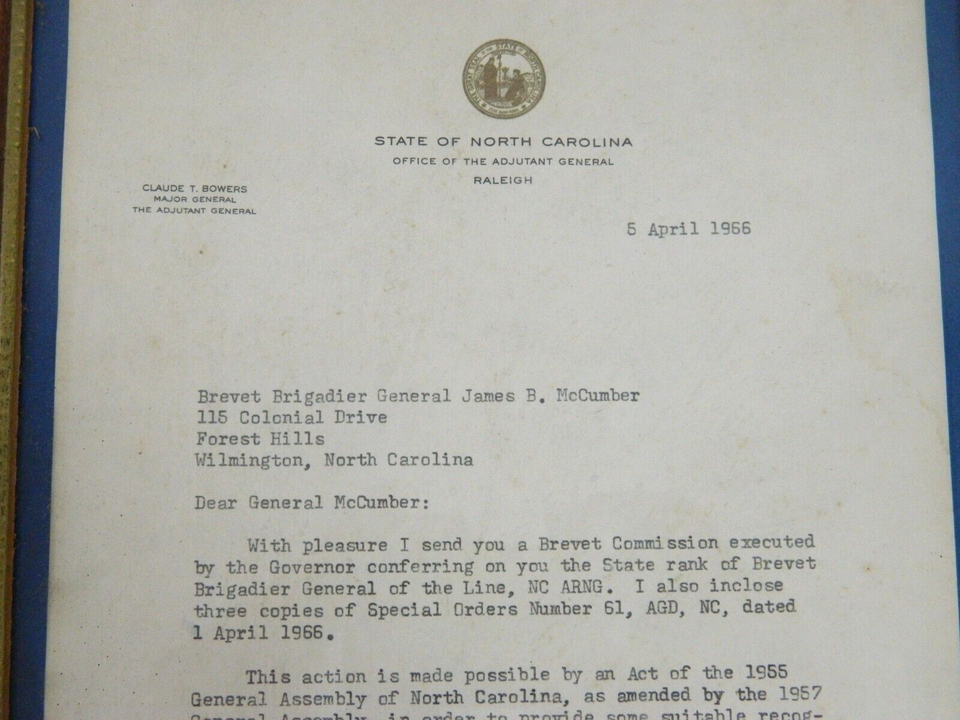 US Army 1966 State NC Brevet Commission Certificate Award General James ...