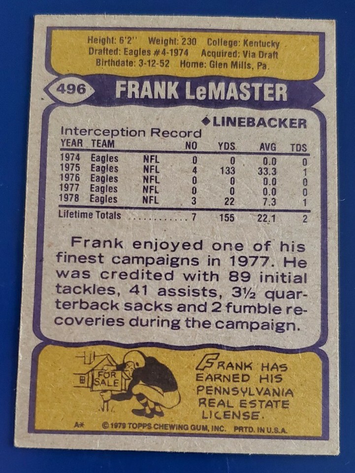 1979 Topps Frank LeMaster Philadelphia Eagles #496 | eBay
