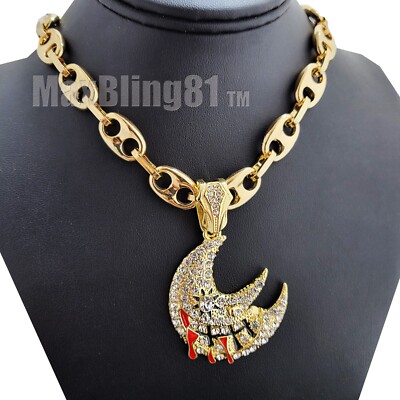 Iced Gold plated Cubic Zirconia Soul Eater Moon Pendant & Marina Chain ...