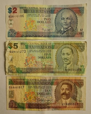 BARBADOS: set of 3 Bajan dollar banknotes, 1995-2000 (left over holiday ...