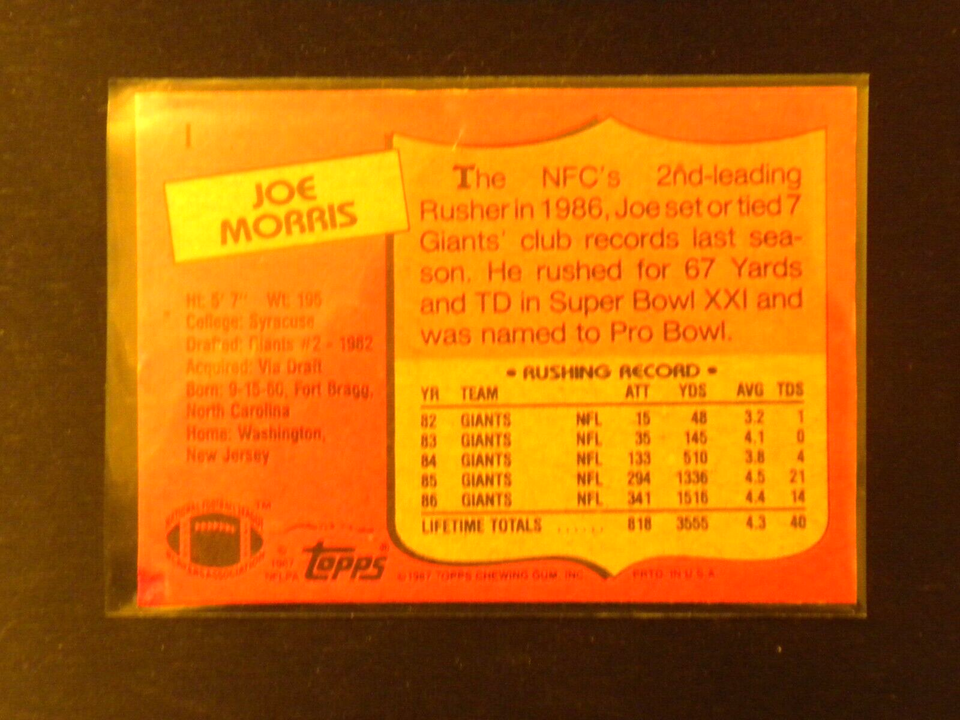 1987 Topps Joe Morris N.Y. York Giants Box Bottom Card | eBay
