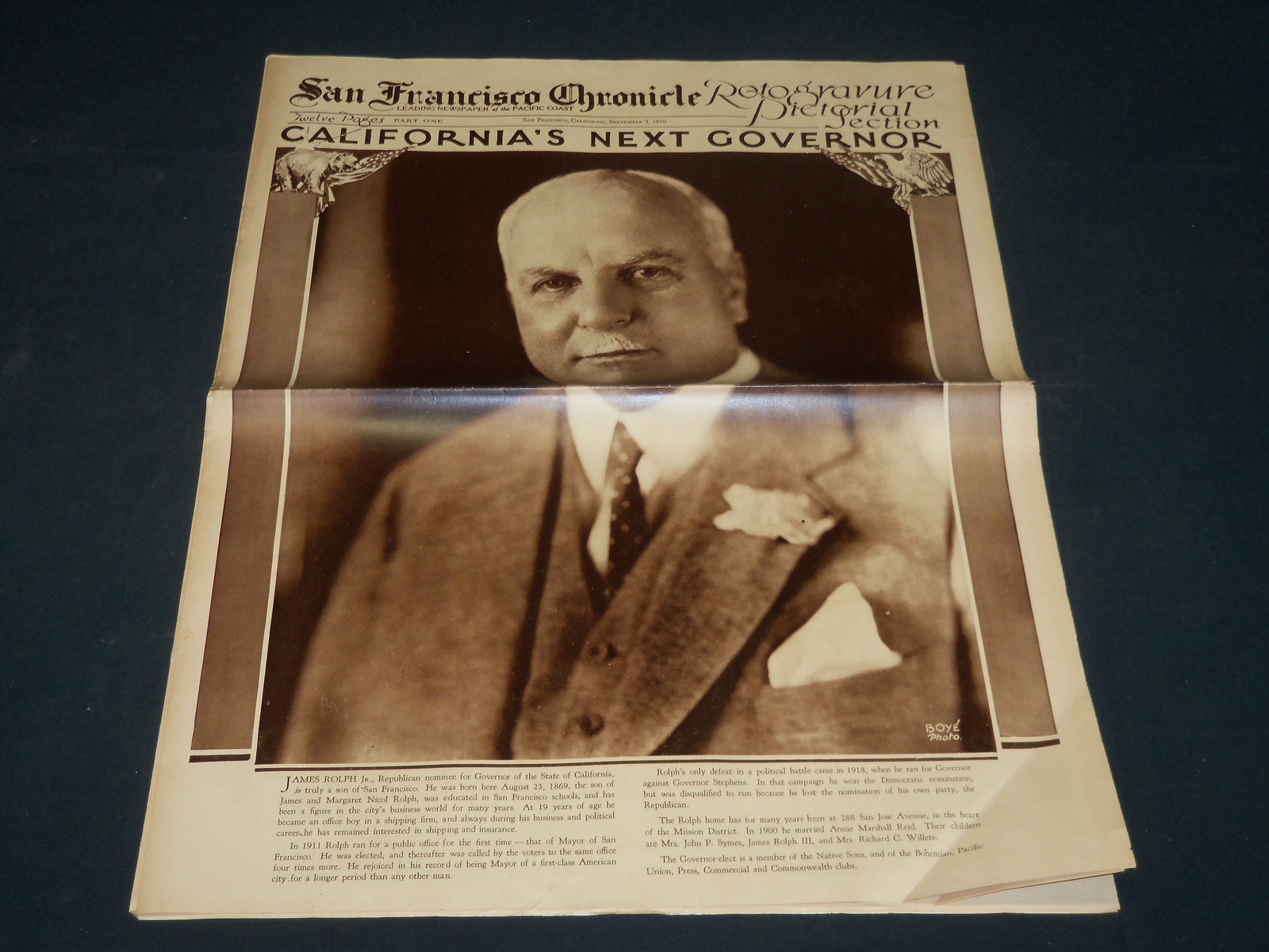 1930 SEPT 7 SAN FRANCISCO CHRONICLE ROTO SECTION - JAMES ROLPH JR. - NP ...