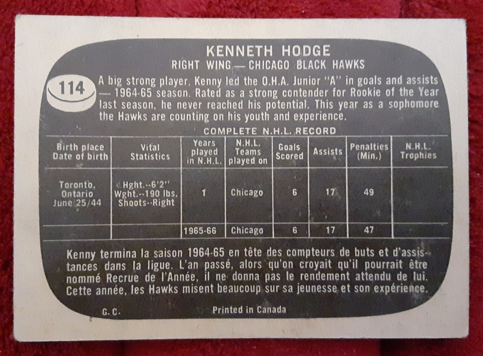 ☆SIGNED KEN HODGE [2nd Year Card]☆ 1966-67 TOPPS #114 ☆*3 INSCRIPTIONS ...