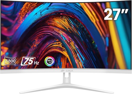 27 Inch White Curved Monitor – 1080P FHD VA Screen, 120% sRGB, 75Hz ...